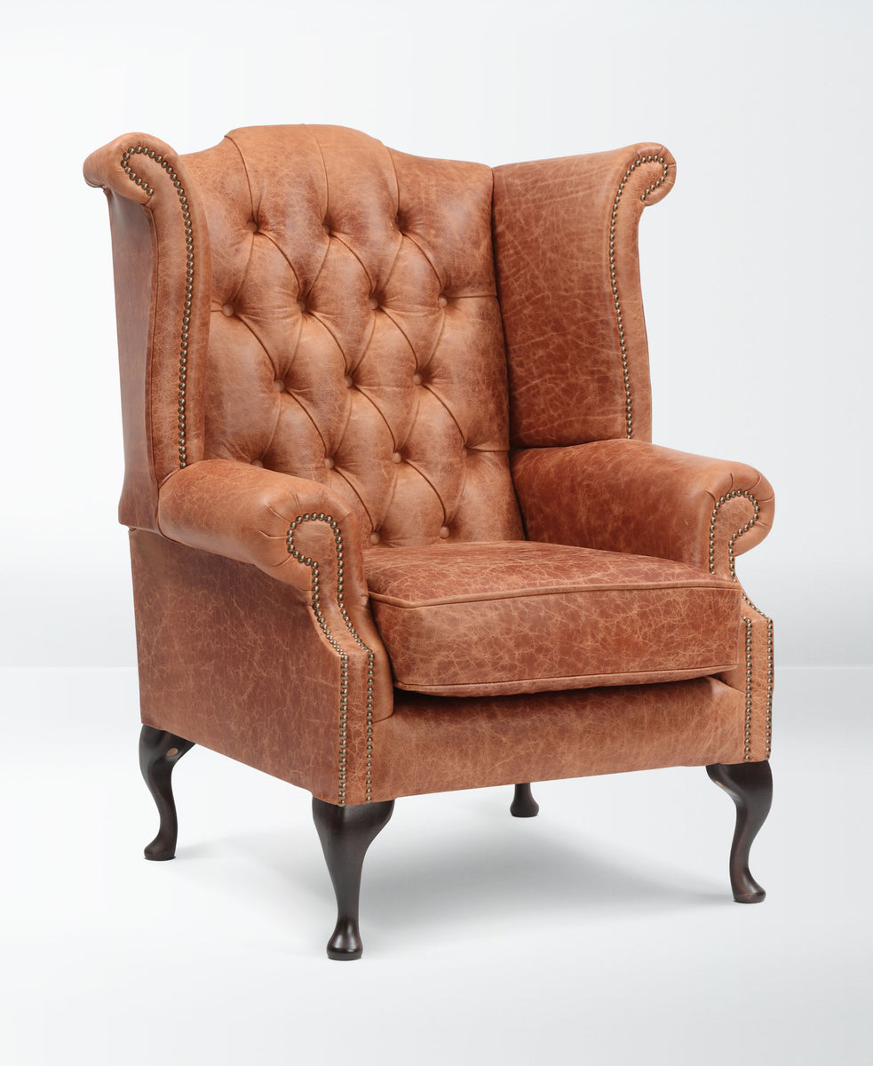 Queen Anne Wingback Chair in Rustic Leather – Leather Wing Chairs